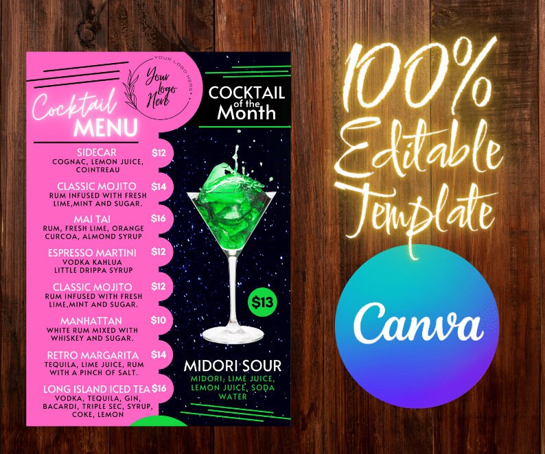100% Editable Half Pink Cocktail Menu Design Canva Template With Free ...
