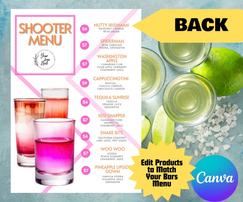 Elegant Cocktail Menu With Matching Shooter List - *edit-download-print ...