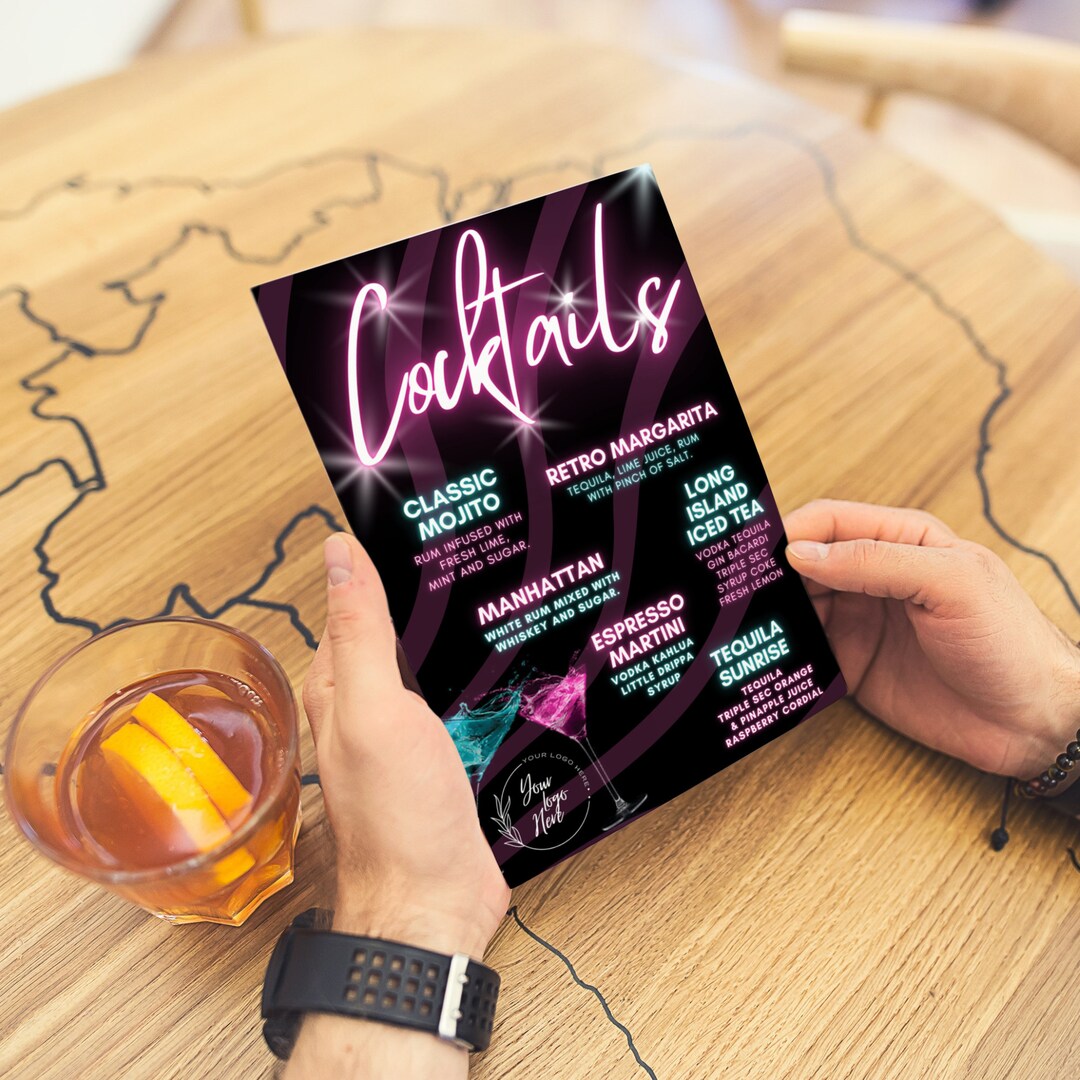 100% Editable NEON Cocktail Menu Design - Canva Template With Free ...