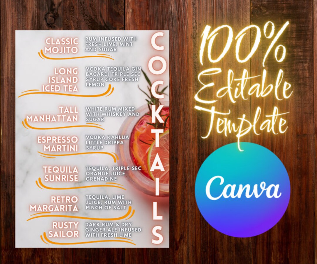 Cocktail Menu Template: Editable Bar & Restaurant Design (canva ...