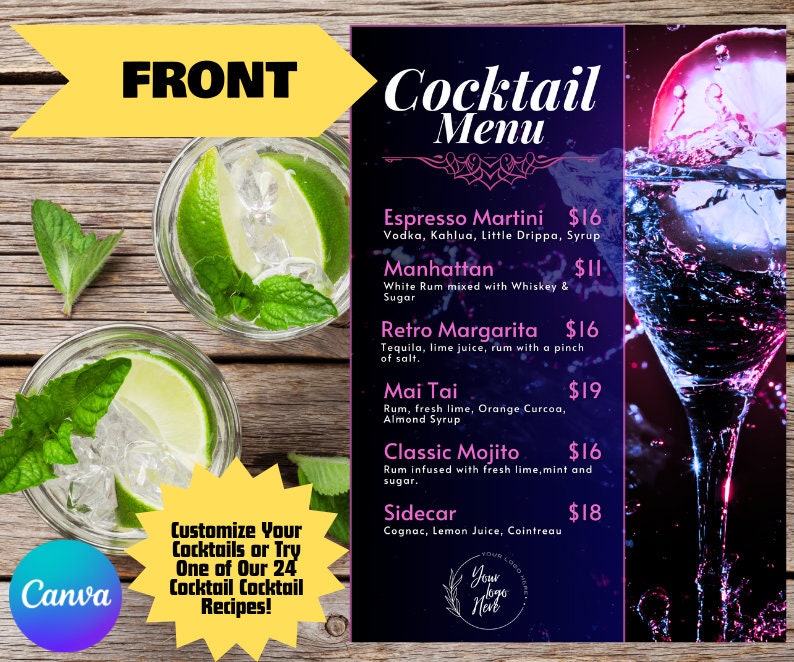 Cocktail Menu With Matching Shooters List - Fully Editable Template on ...