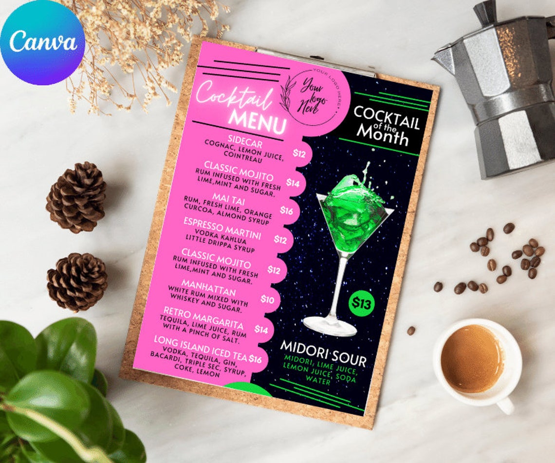 100% Editable Half Pink Cocktail Menu Design - Canva Template With Free ...