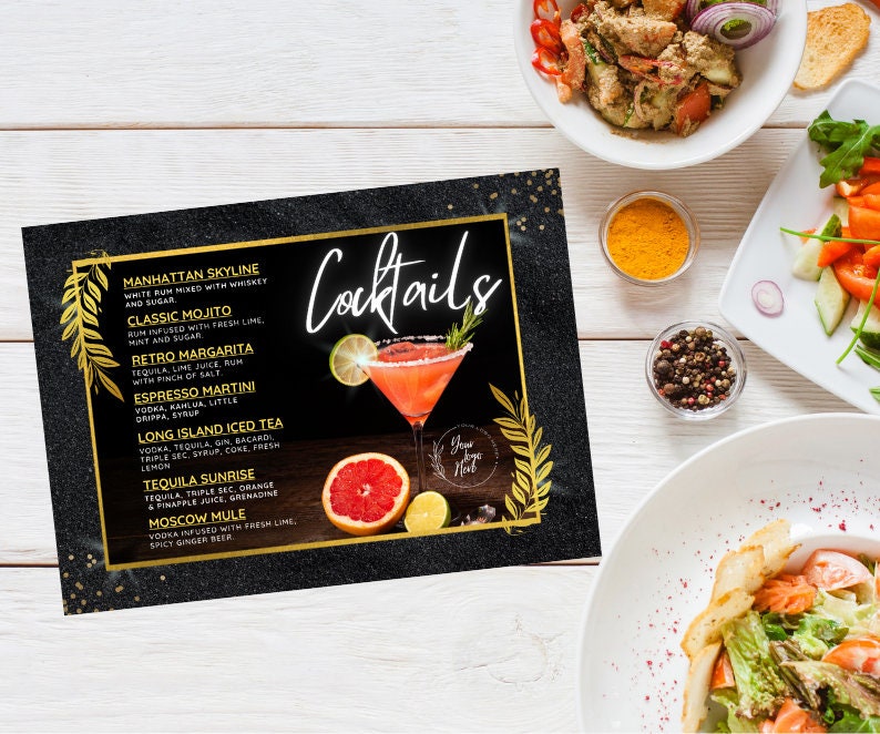 Cocktail Menu Canva Template Gold, Digital Download, 100% Editable A5 ...
