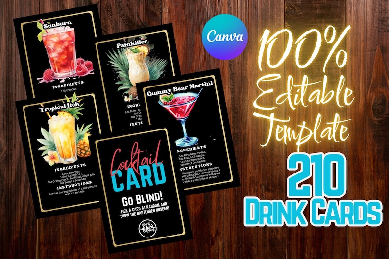 Cocktail Recipe Cards Template, 200 Editable Drink Recipe Cards ...