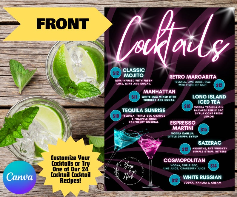 100% Editable Cocktail Menu - 4 Sizes - Canva Templates - Digital ...
