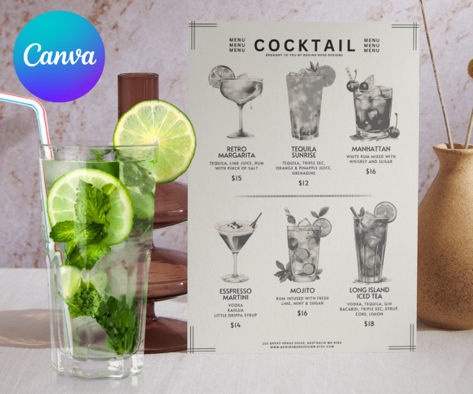Editable Minimalist Cocktail Menu Template: Canva Design (4 Sizes ...