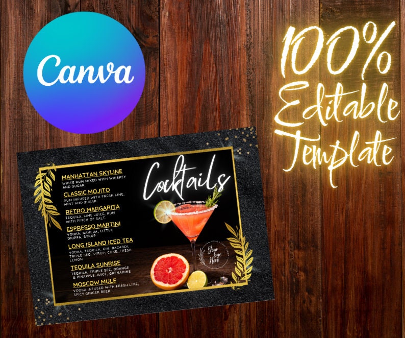 Cocktail Menu - Canva Template - Gold, Digital Download, 100% Editable ...