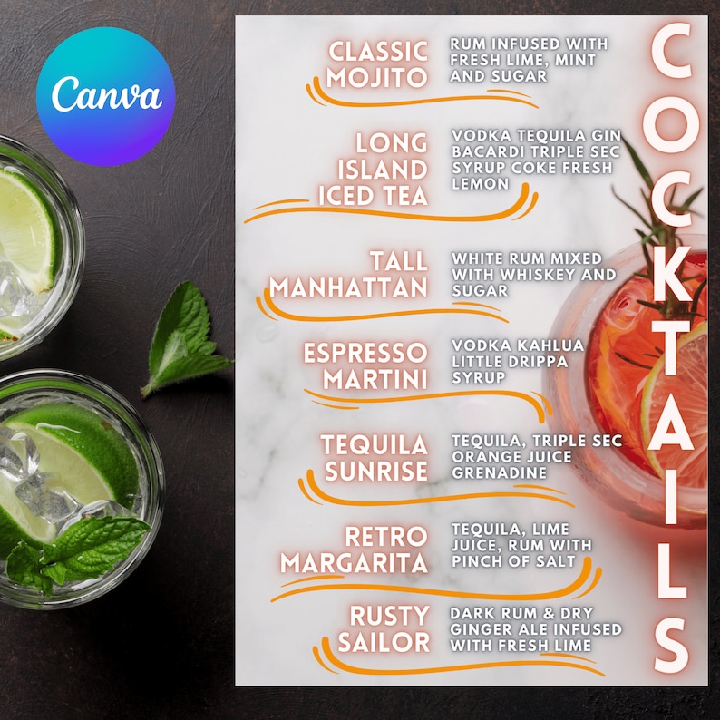 3 Pack - Editable Cocktail Menu Template BUNDLE - 3x Canva Templates W ...