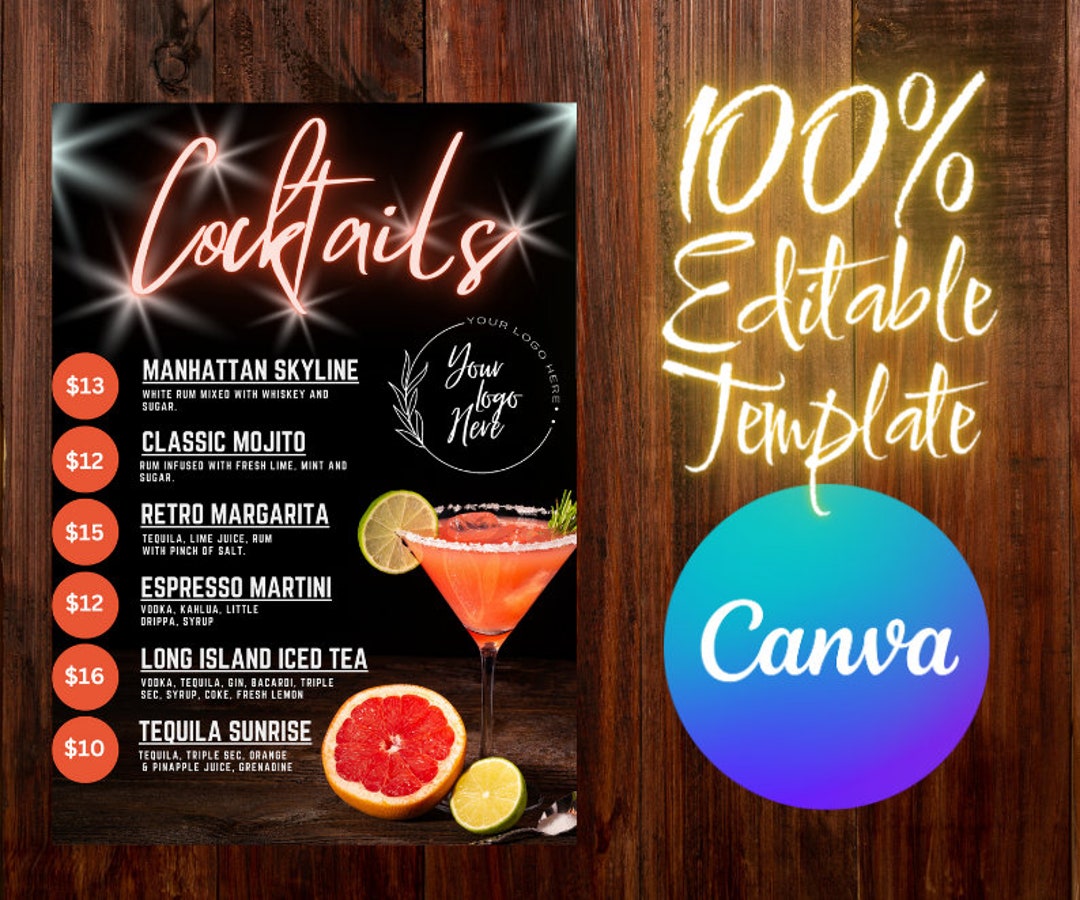 Orange Neon Cocktail Menu Template: Editable Canva Design (digital ...