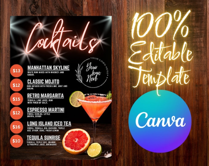 100% Editable Half Pink Cocktail Menu Design - Canva Template With Free ...