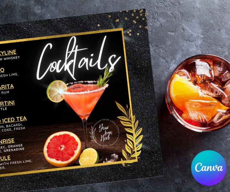 Cocktail Menu Canva Template Gold, Digital Download, 100% Editable A5 ...