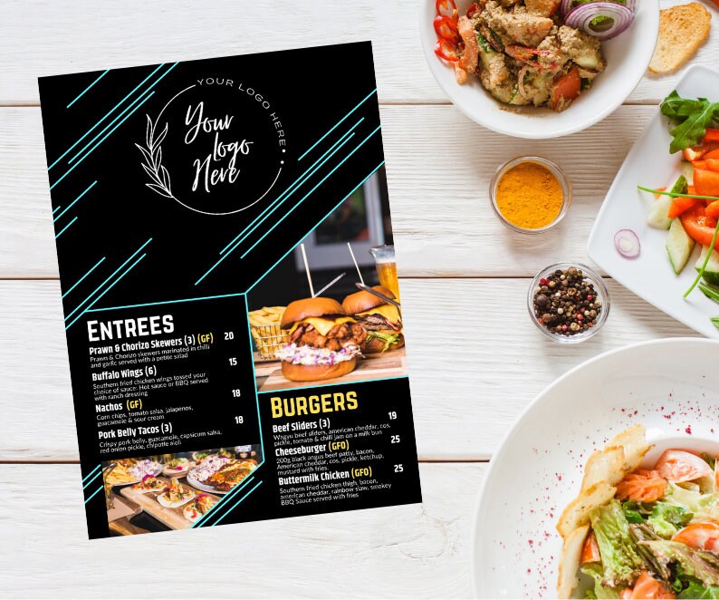 A3 Restaurant Menu Canva Template Neon Blue, Digital Download, 100% ...
