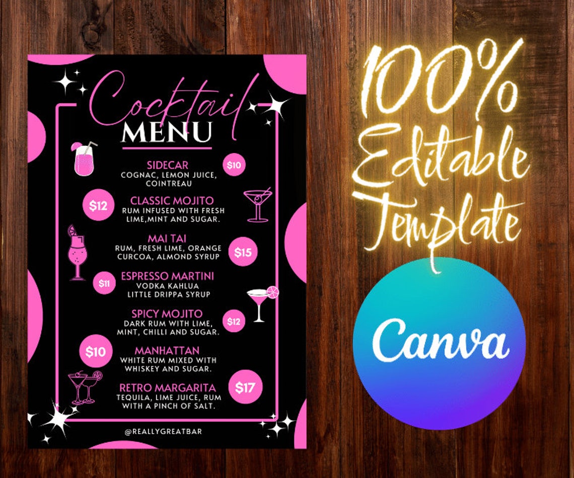 Cocktail Menu With Matching Shooters List - Fully Editable Template on ...