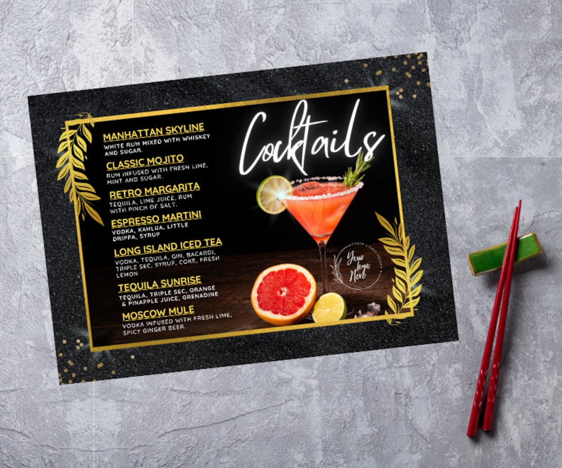 Cocktail Menu Canva Template Gold, Digital Download, 100% Editable A5 ...
