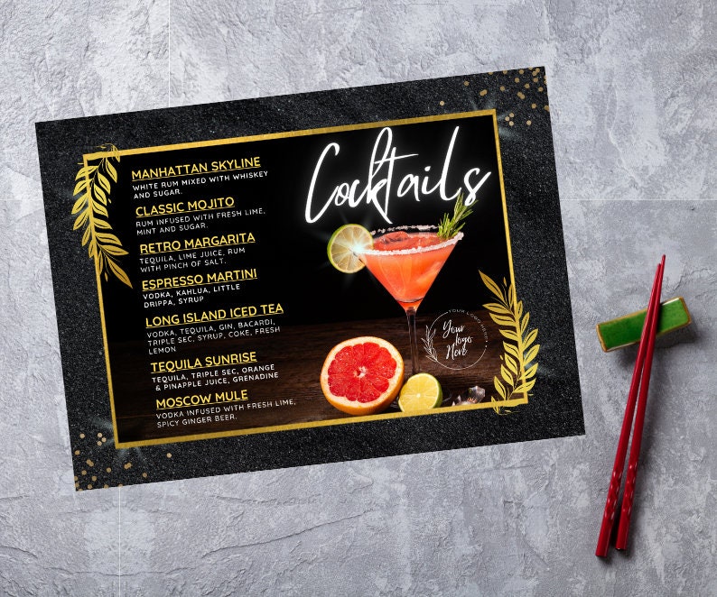 Cocktail Menu Canva Template Gold, Digital Download, 100% Editable A5 ...