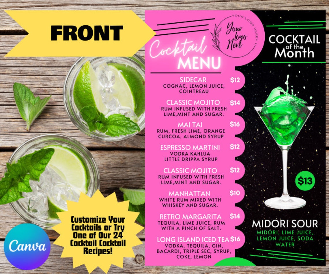 100% Editable Half Pink Cocktail Menu Design Canva Template - Etsy