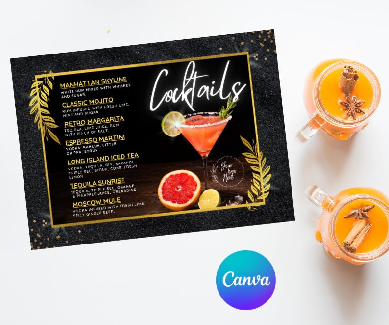 Cocktail Menu Canva Template Gold Digital Download 100% - Etsy