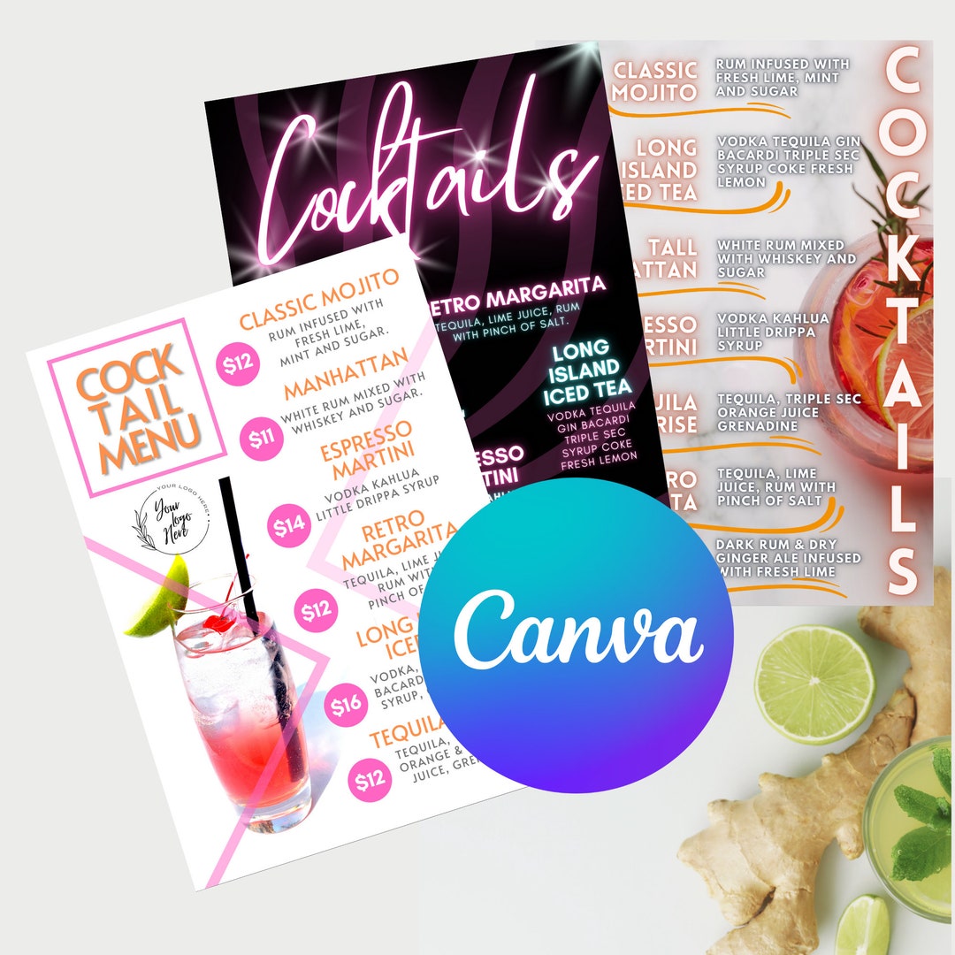 3 Pack - Editable Cocktail Menu Template BUNDLE - 3x Canva Templates W ...
