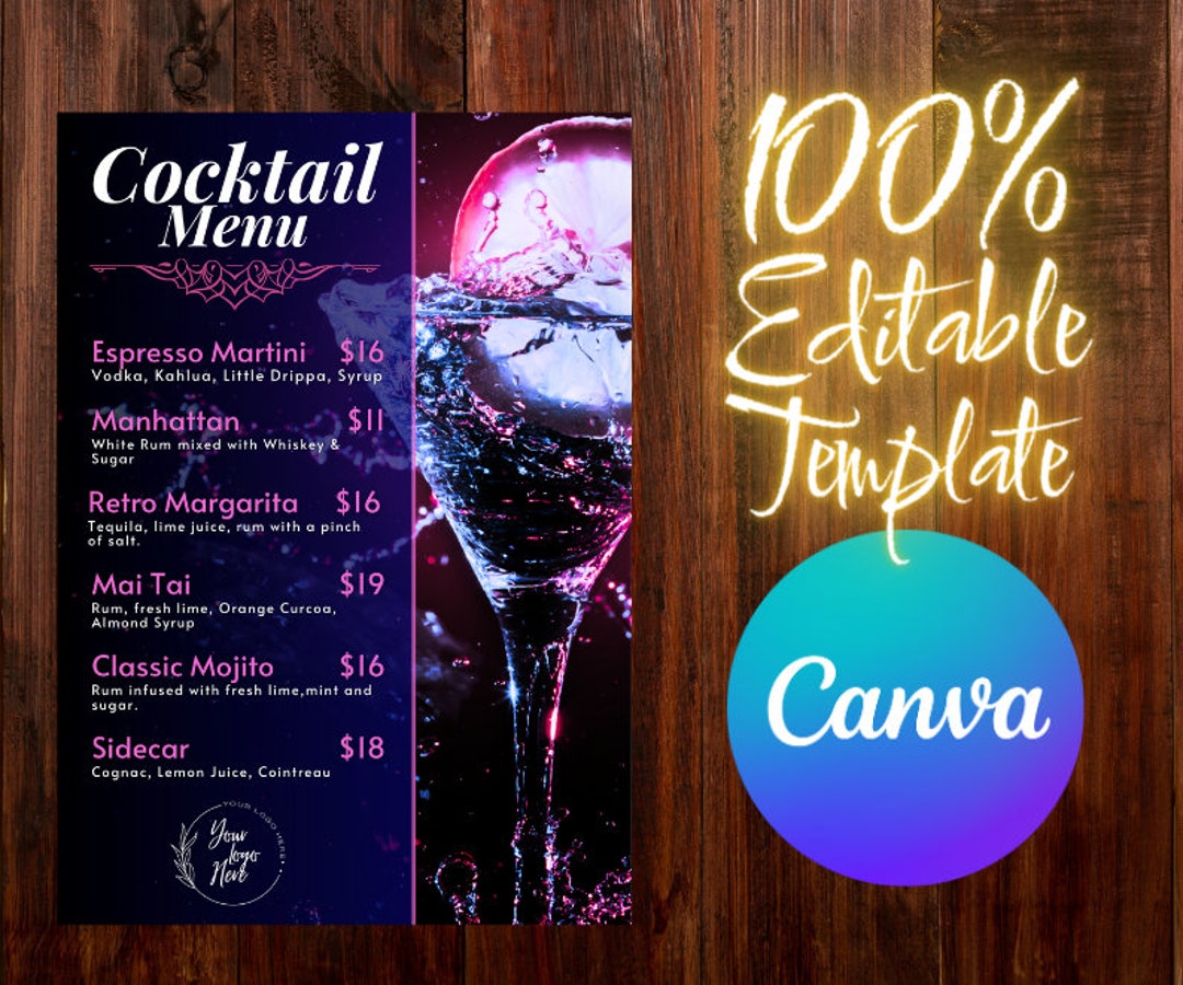 Cocktail Menu With Matching Shooters List - Fully Editable Template on ...