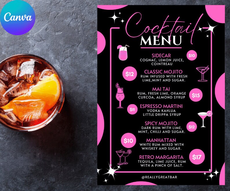 Cocktail Menu With Matching Shooters List - Fully Editable Template on ...