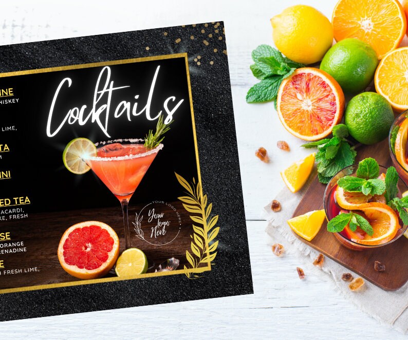 Cocktail Menu Canva Template Gold, Digital Download, 100% Editable A5 ...