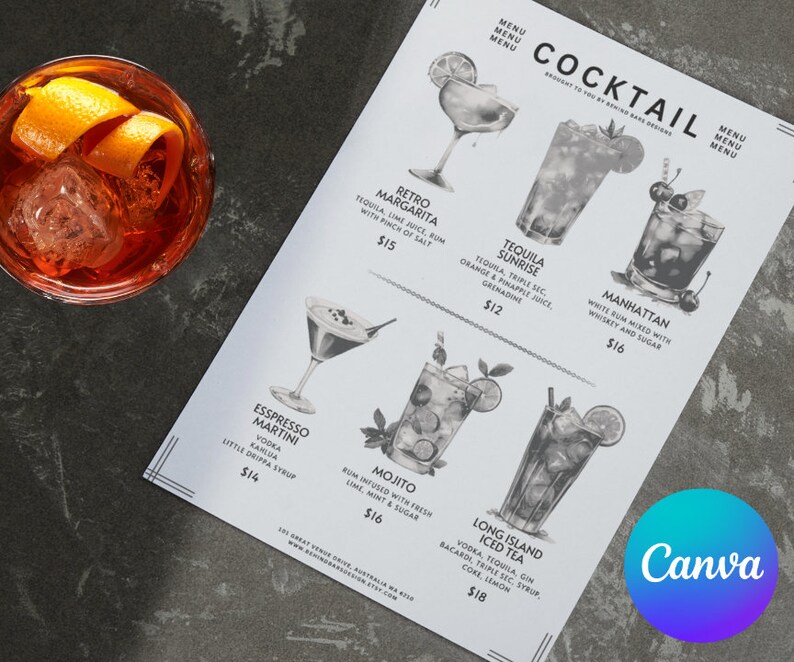 100% Editable Minimalist Cocktail Menu Design - Canva Template With ...