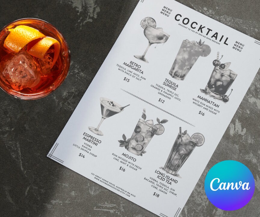 Editable Minimalist Cocktail Menu Template: Canva Design (4 Sizes ...
