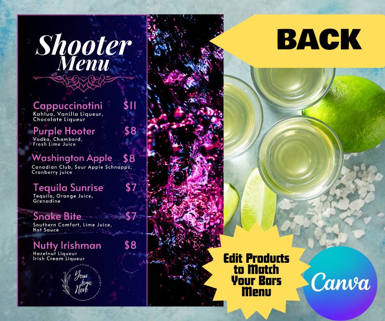Cocktail Menu With Matching Shooters List - Fully Editable Template on ...