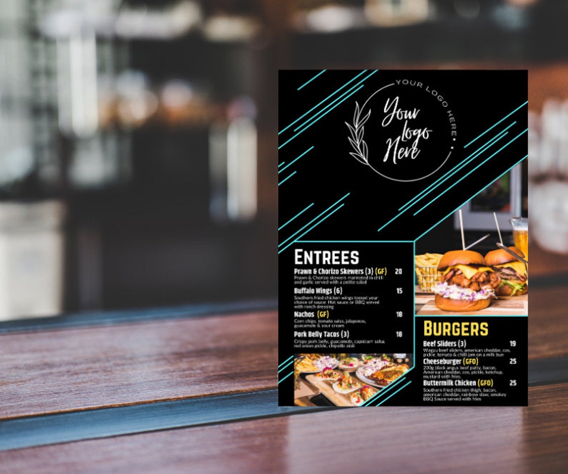 A3 Restaurant Menu Canva Template Neon Blue, Digital Download, 100% ...