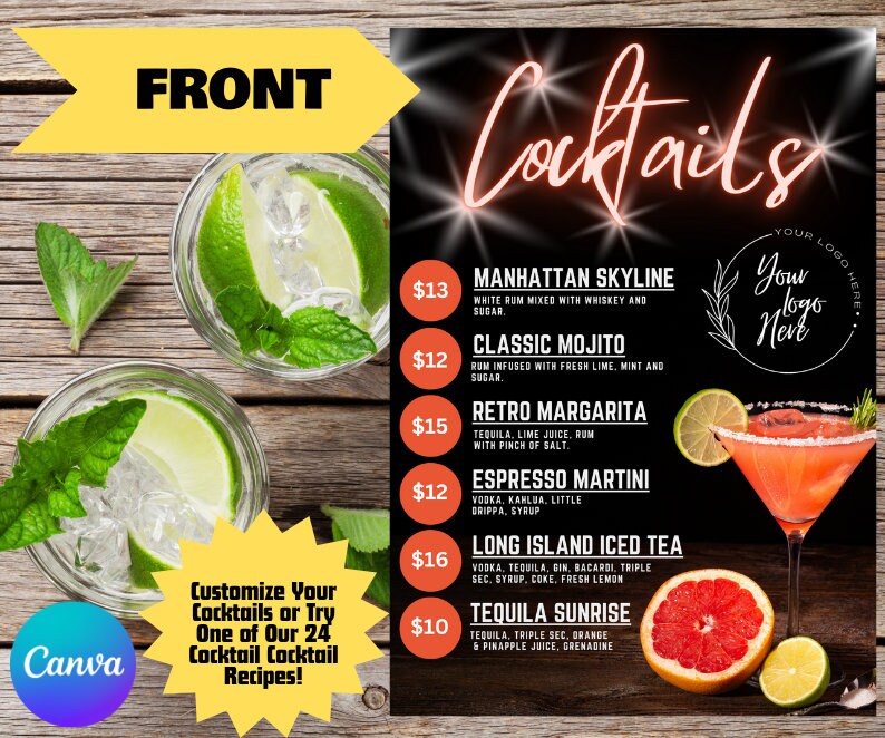 Orange Neon Cocktail Menu Template: Editable Canva Design (digital ...