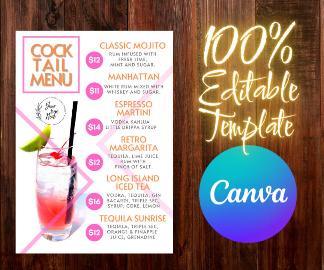 Elegant Cocktail Menu With Matching Shooter List - *edit-download-print ...
