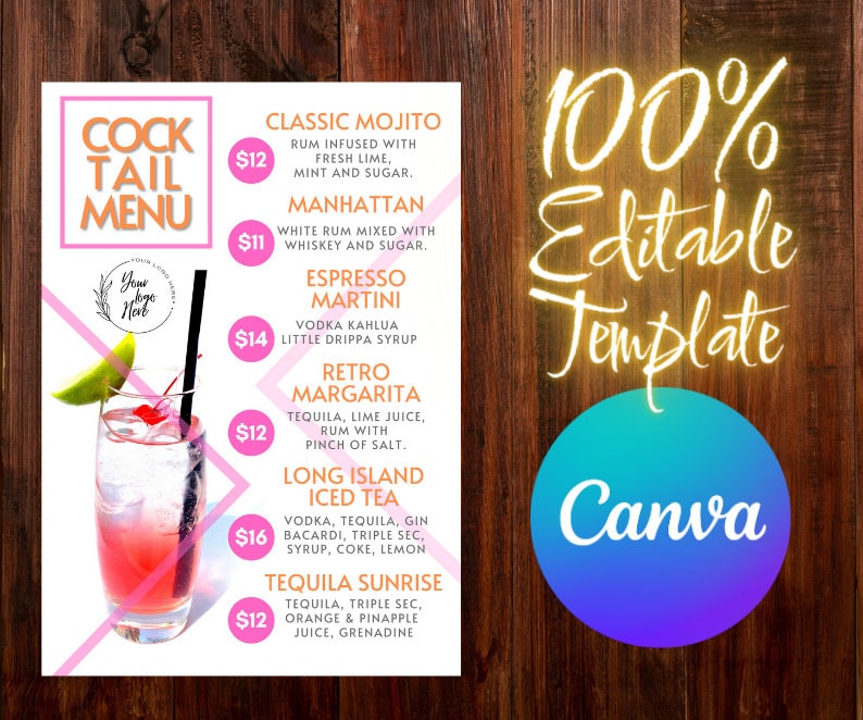 Elegant Cocktail Menu With Matching Shooter List - *edit-download-print ...