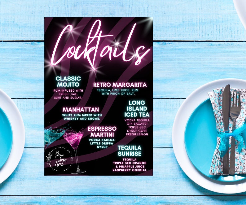 100% Editable NEON Cocktail Menu Design Pink/blue Canva - Etsy
