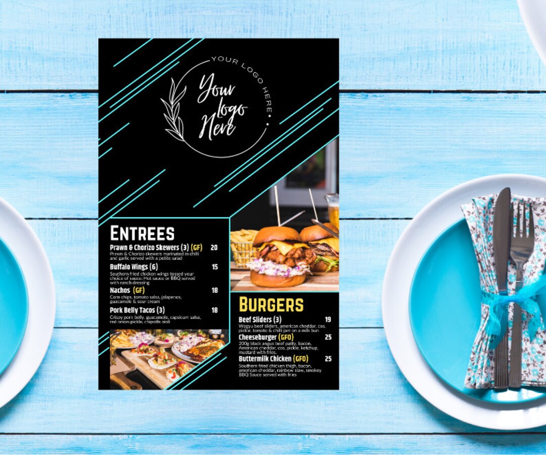 A3 Restaurant Menu - Canva Template - Neon Blue, Digital Download, 100% ...