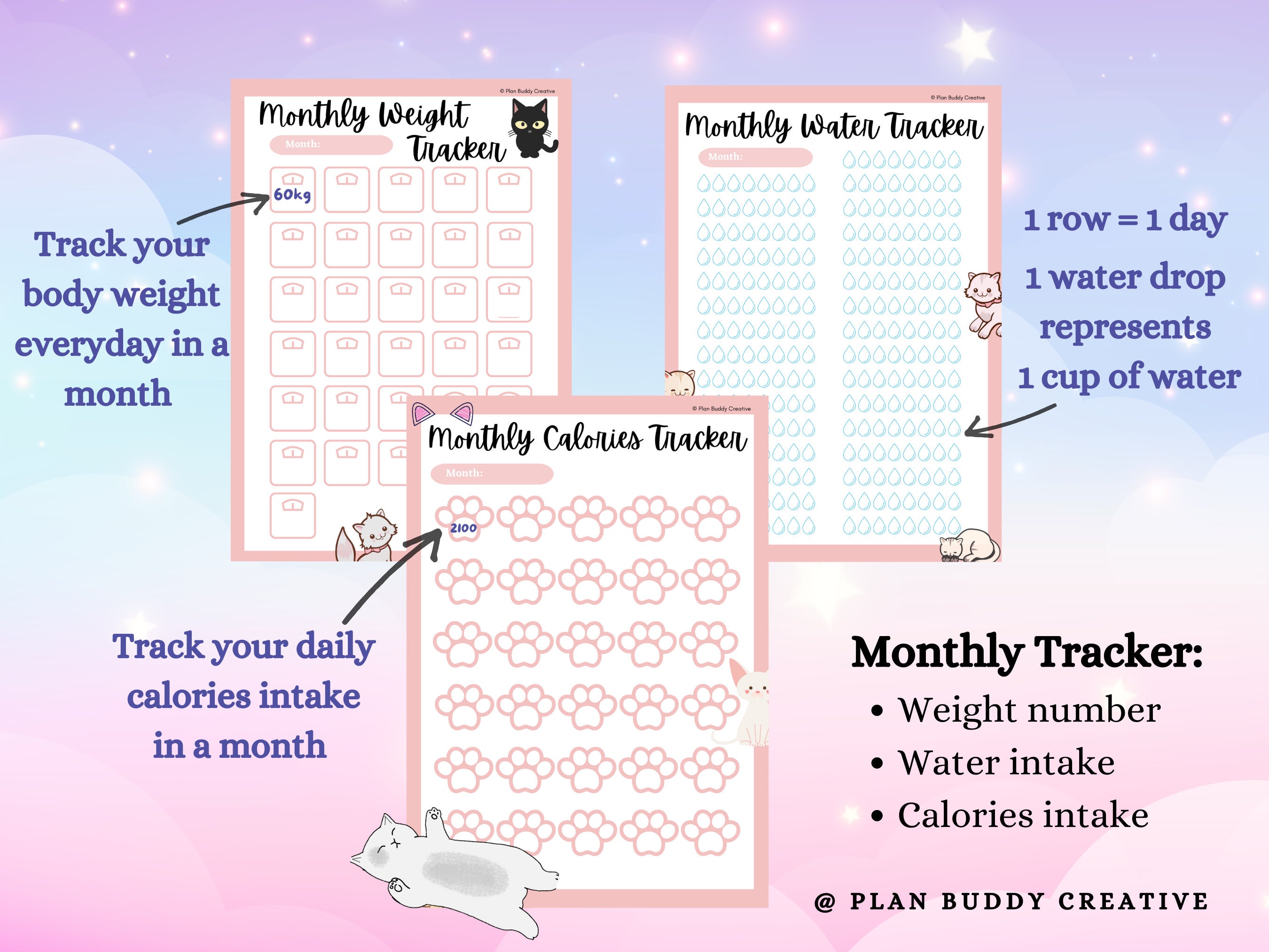 Weight Loss Tracker Bundle, Fitness Journal Printable, Cute Cat Weight ...