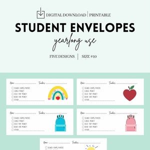 Student Envelopes for School Printable Money Envelope Instant Download ...