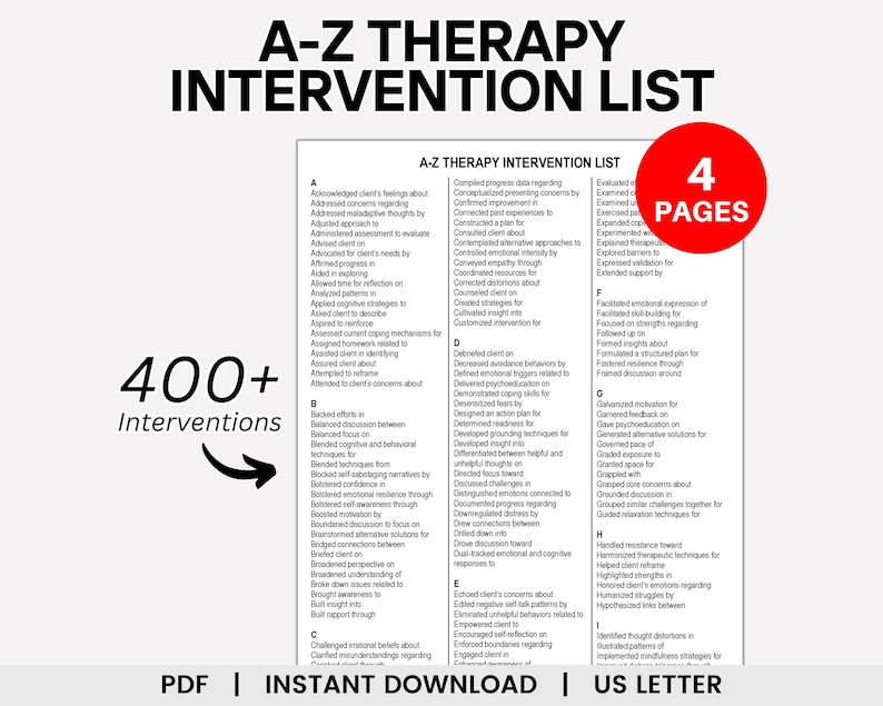 Therapy Intervention List, Therapeutic Interventions, Clinical Terms Reference Sheet, Progress ...