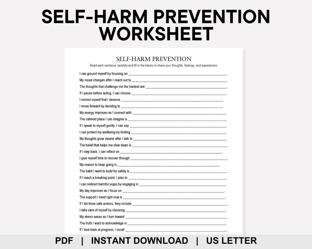 Self Harm Prevention Worksheet, Self Injury, Suicidal Ideation, Crisis ...