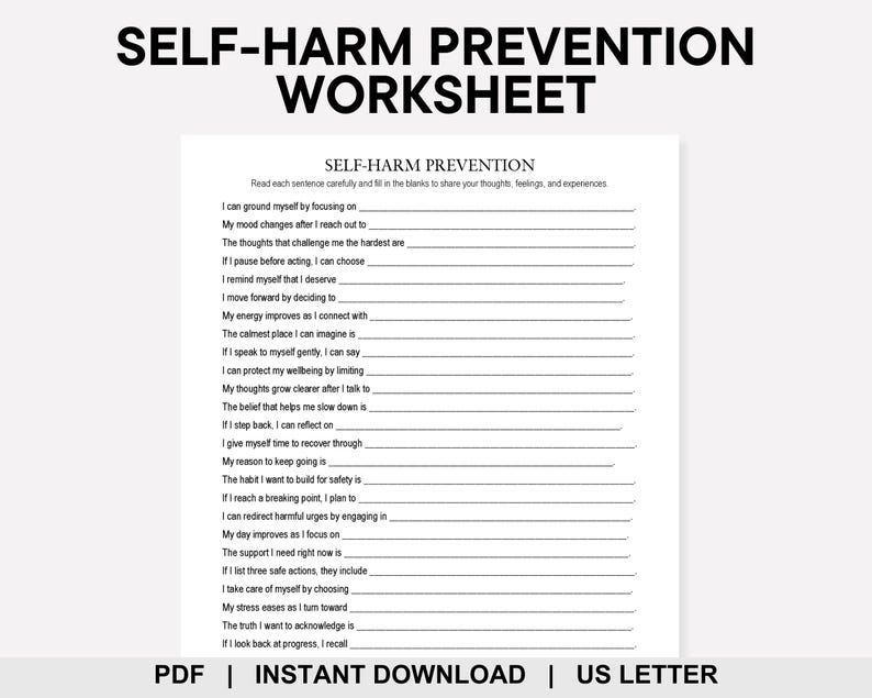 Self Harm Prevention Worksheet, Self Injury, Suicidal Ideation, Crisis ...