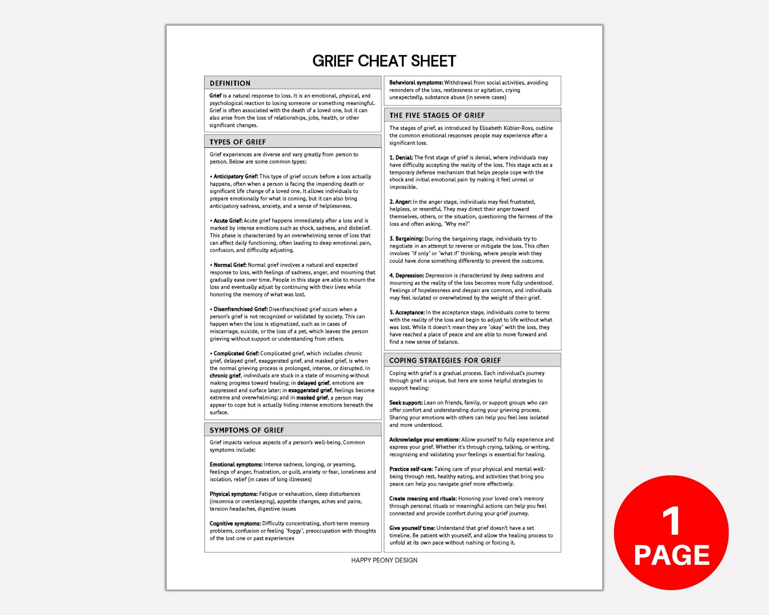 Grief Cheat Sheet, Grief Therapy, Grief Counseling, Bereavement Therapy ...