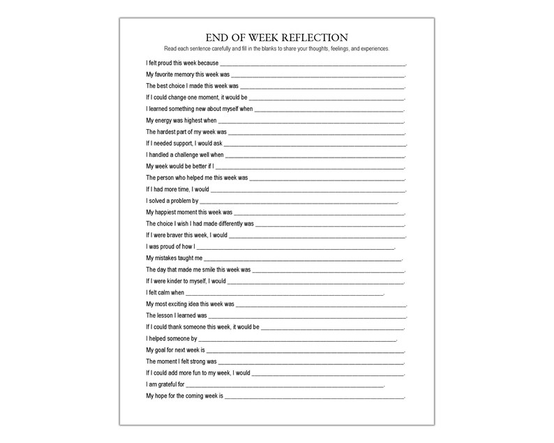 End of Week Reflection Worksheet, Weekly Review, Weekly Check In ...
