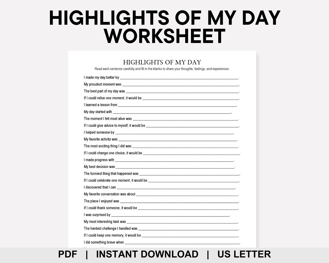Highlights of My Day Worksheet, Daily Reflection, End of Day Reflection ...