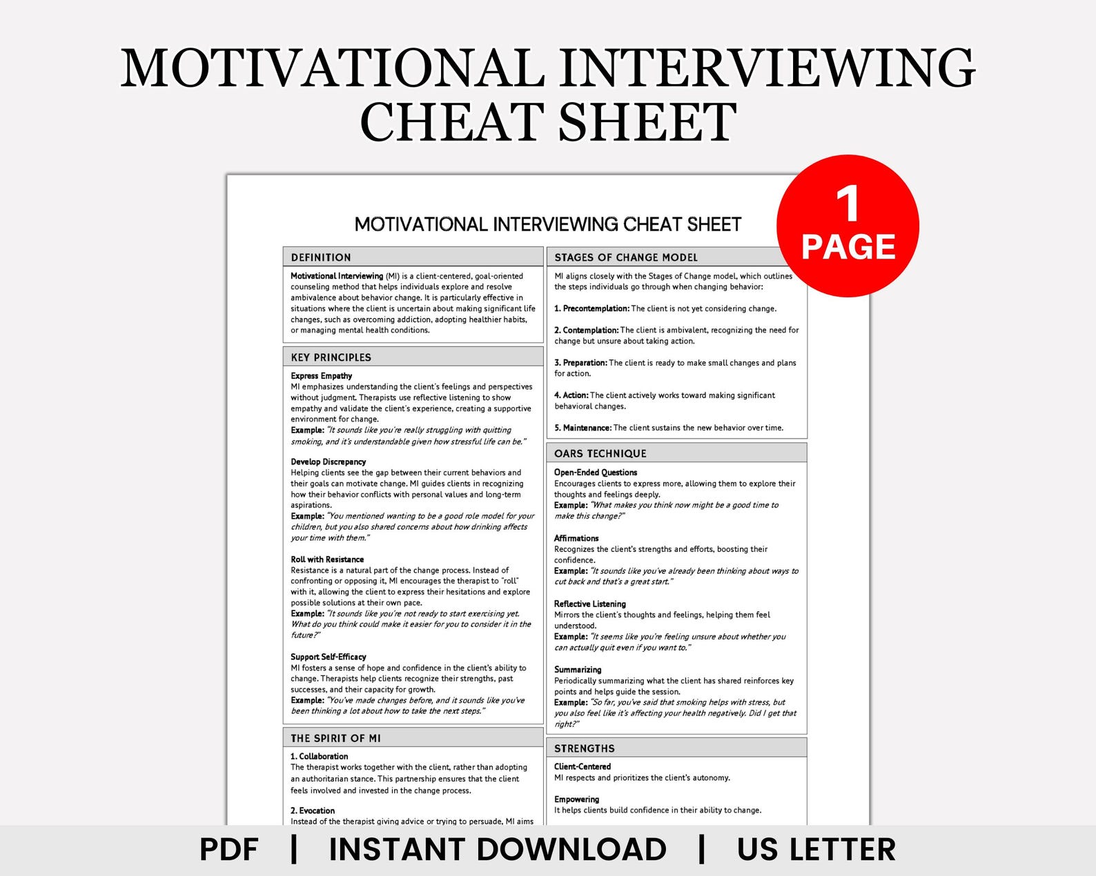 Motivational Interviewing Cheat Sheet, Motivational Therapy, MI Therapy ...