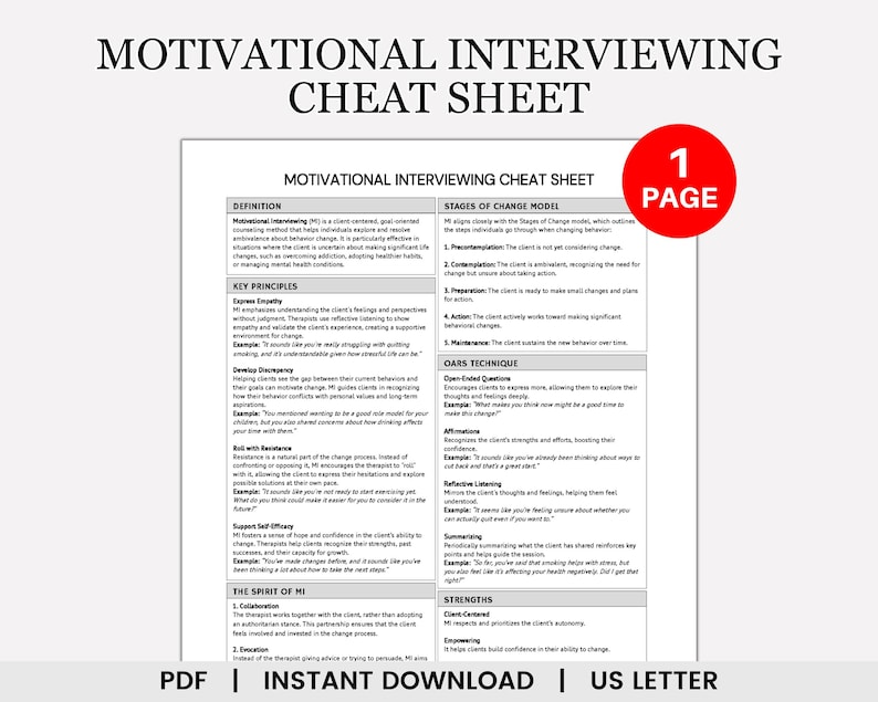 Motivational Interviewing Cheat Sheet, Motivational Therapy, MI Therapy ...