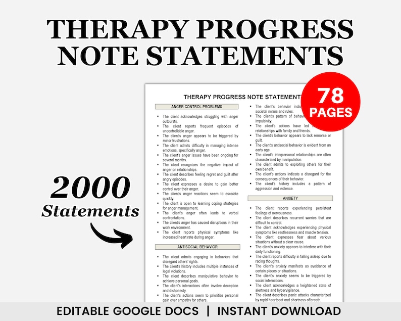 Editable Therapy Progress Note Statements, Progress Notes, Counselor ...