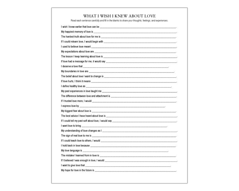 What I Wish I Knew About Love Worksheet, Couples Therapy, Relationship ...