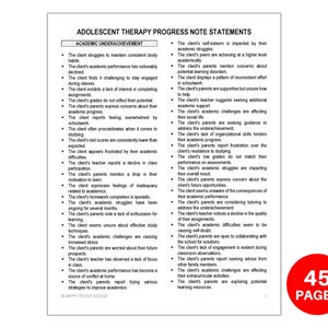 Adolescent Therapy Progress Note Statements, Teen Therapy, Progress ...