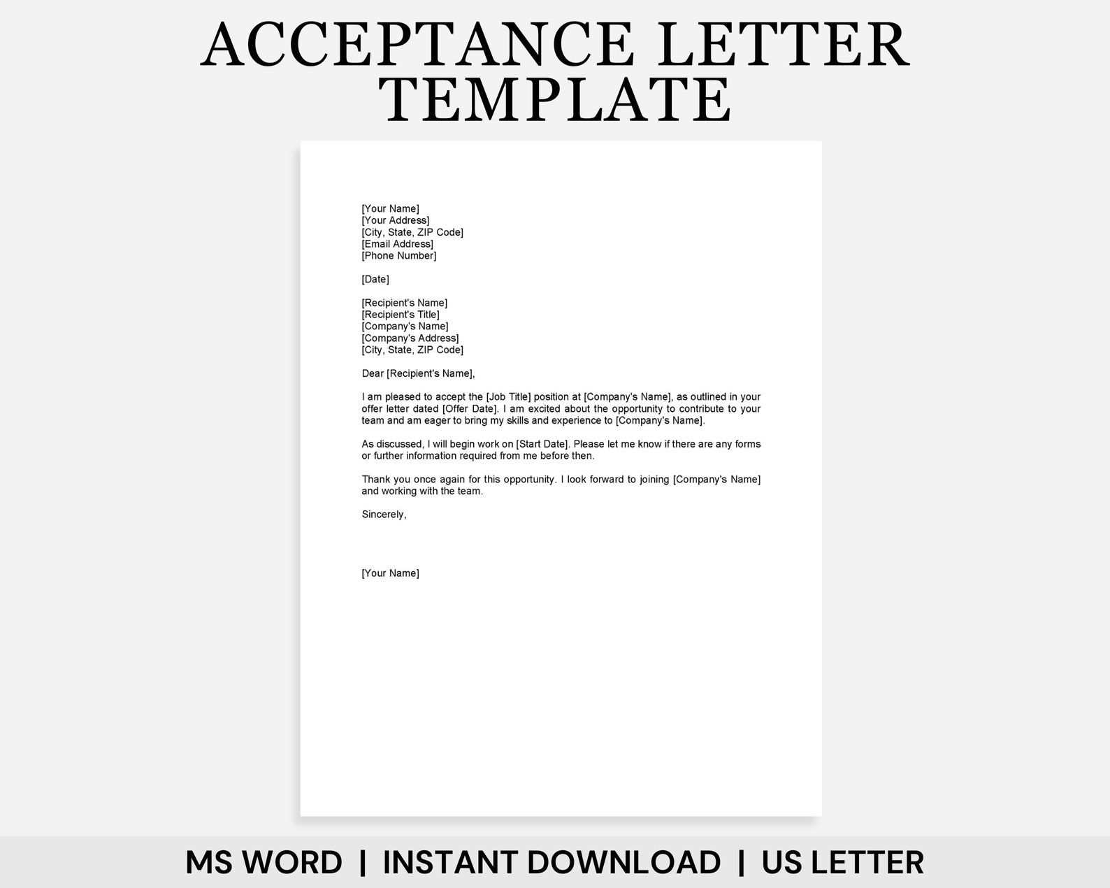Job Offer Acceptance Letter Template, Letter of Acceptance, Acceptance ...