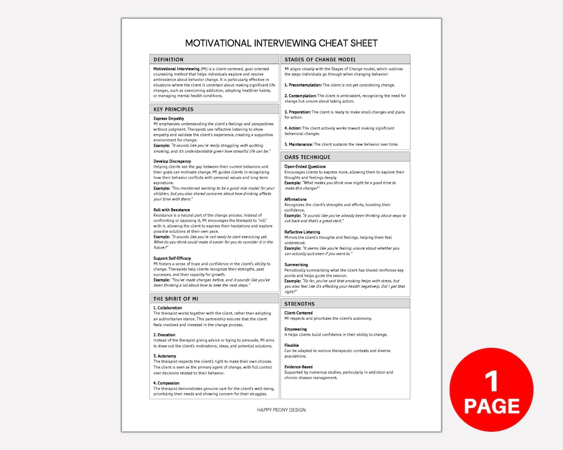 Motivational Interviewing Cheat Sheet, Motivational Therapy, MI Therapy ...