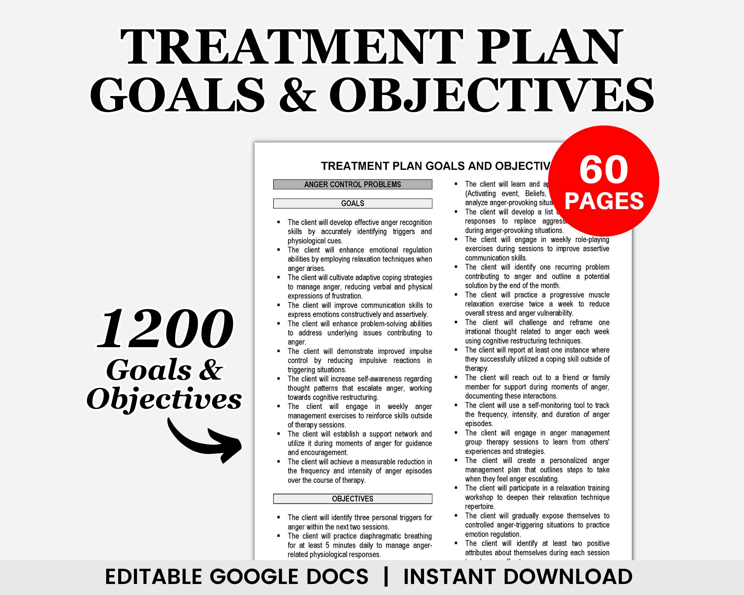Editable Treatment Plan Goals and Objectives, Therapy Goals and ...